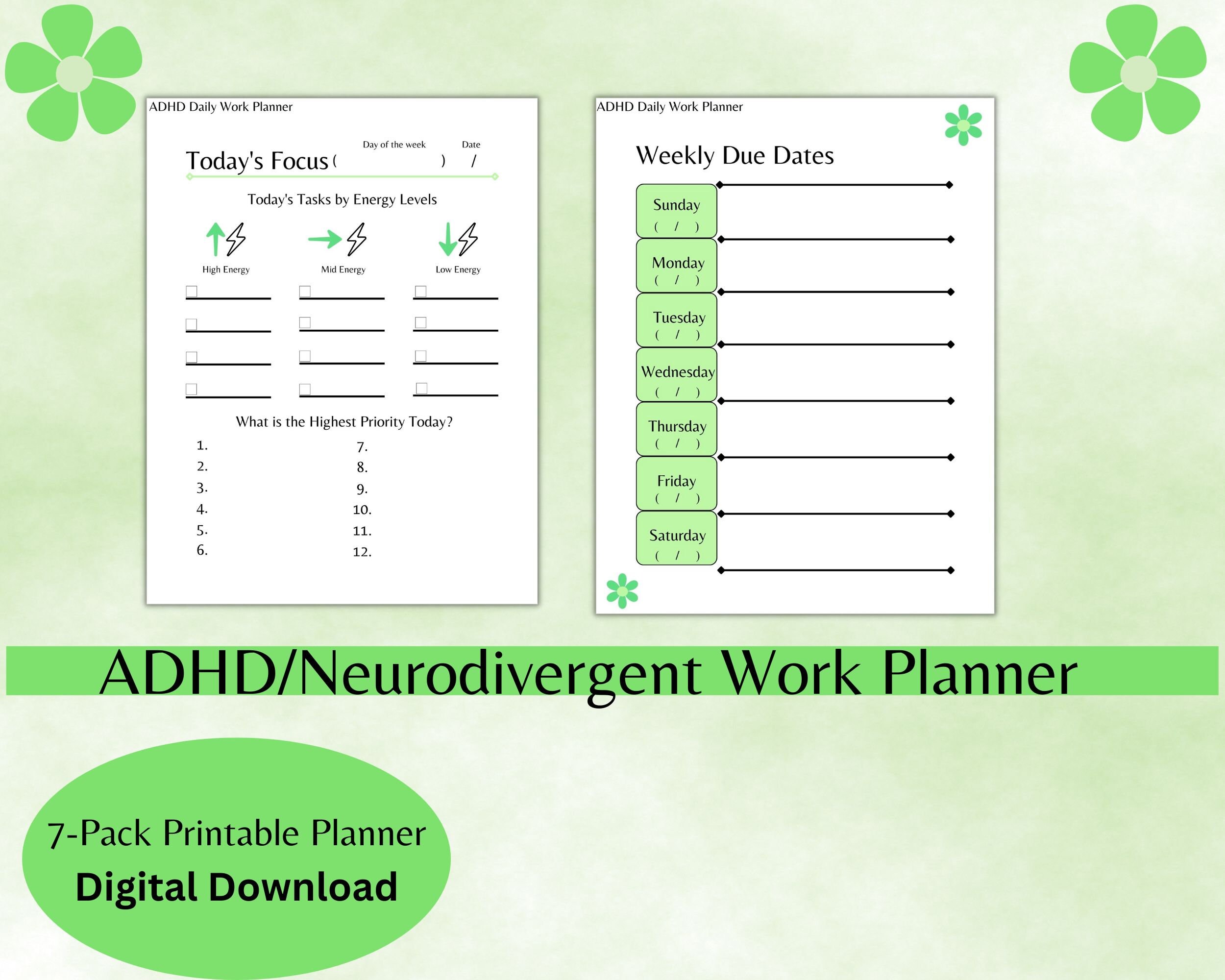 ADHD Neurodivergent Work Planners Printable, Energy Focus Organization ...