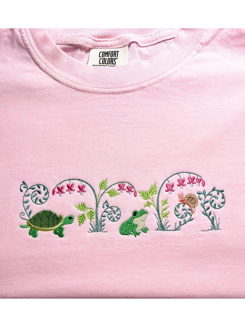 Turtle and Frog With Flowers Embroidered Comfort Colors T-shirt, Nature ...