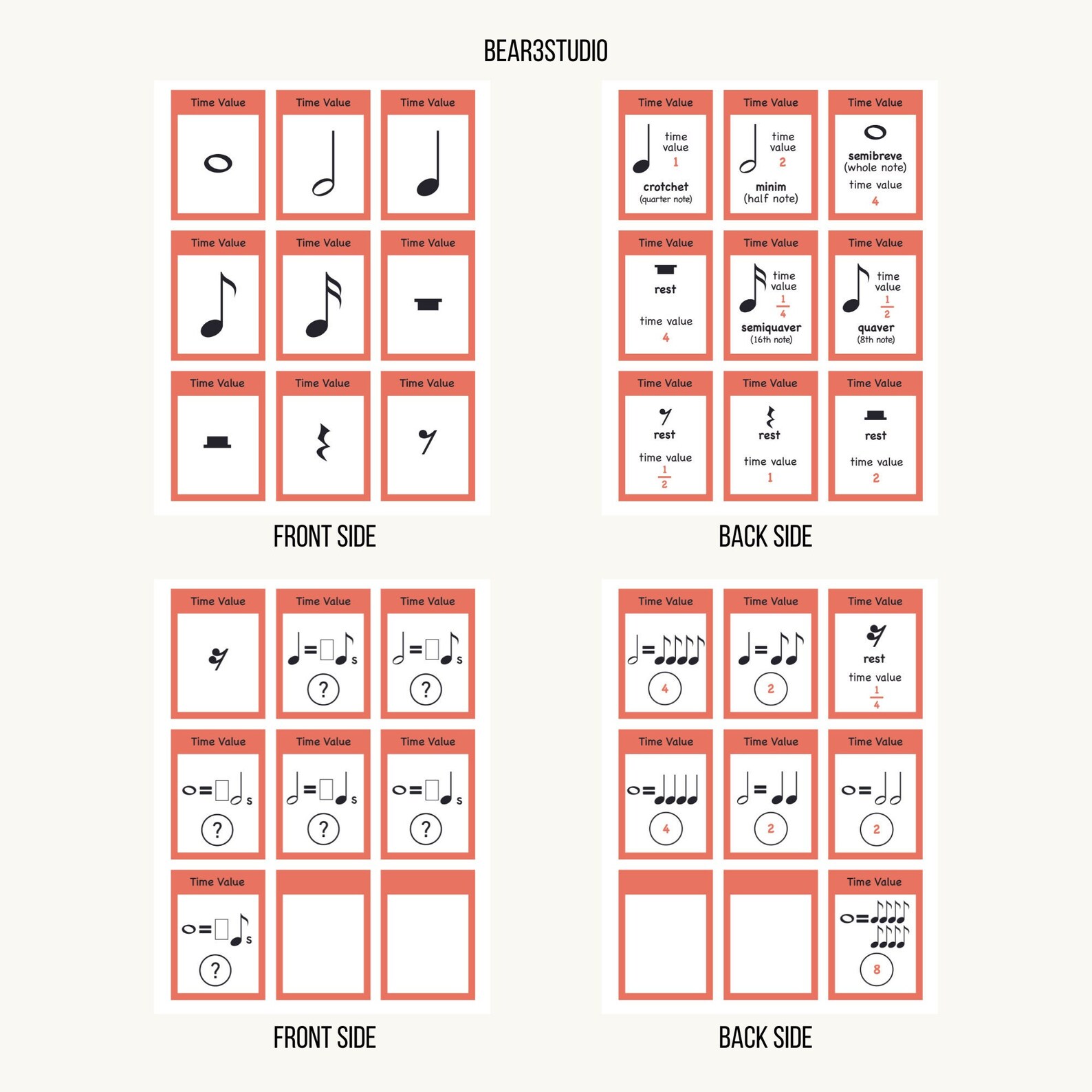 Music Theory Flashcards Printable | Music Time Value and Rests Learning ...