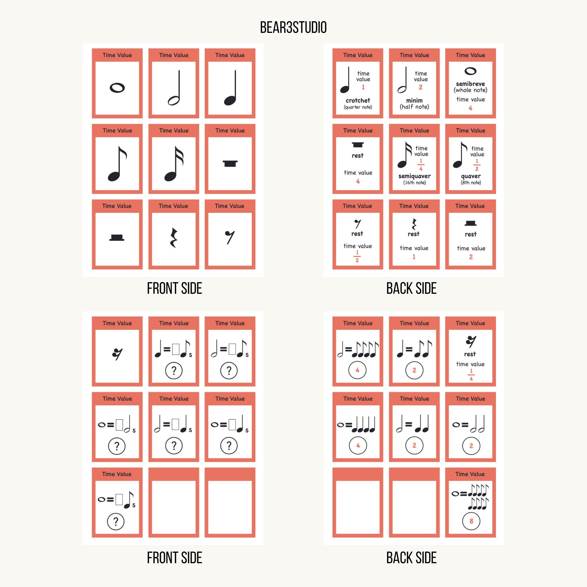 Music Theory Flashcards Printable | Music Time Value and Rests Learning ...
