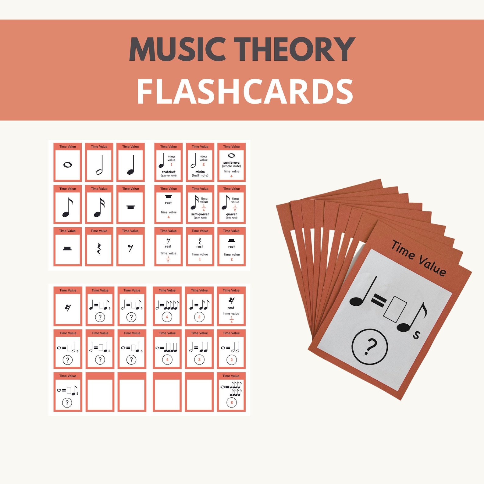 Music Theory Flashcards Printable | Music Time Value and Rests Learning ...