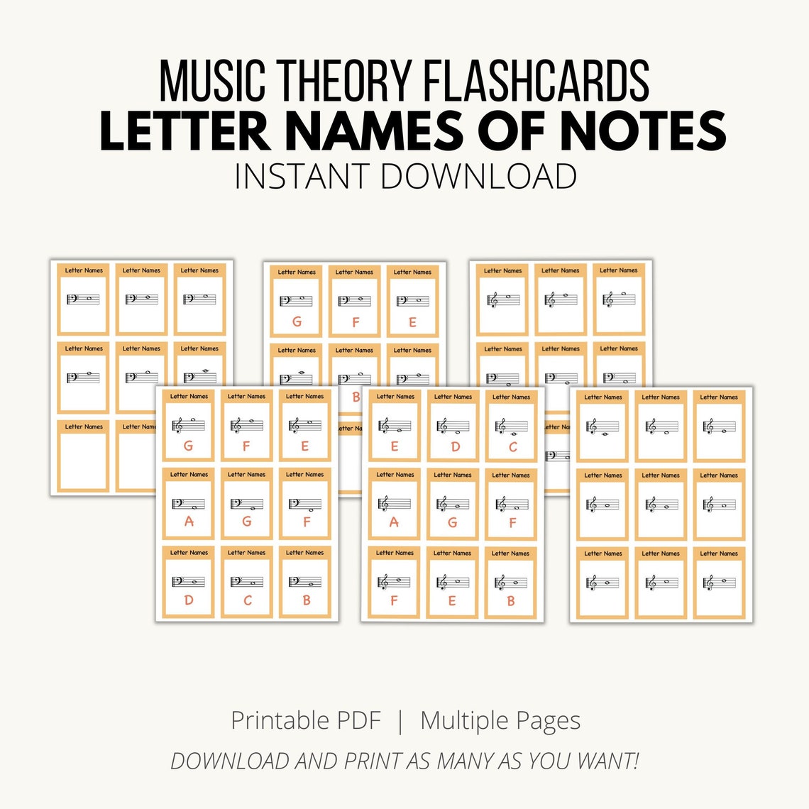 Music Theory Flashcards Printable | Letter Names of Notes Learning ...