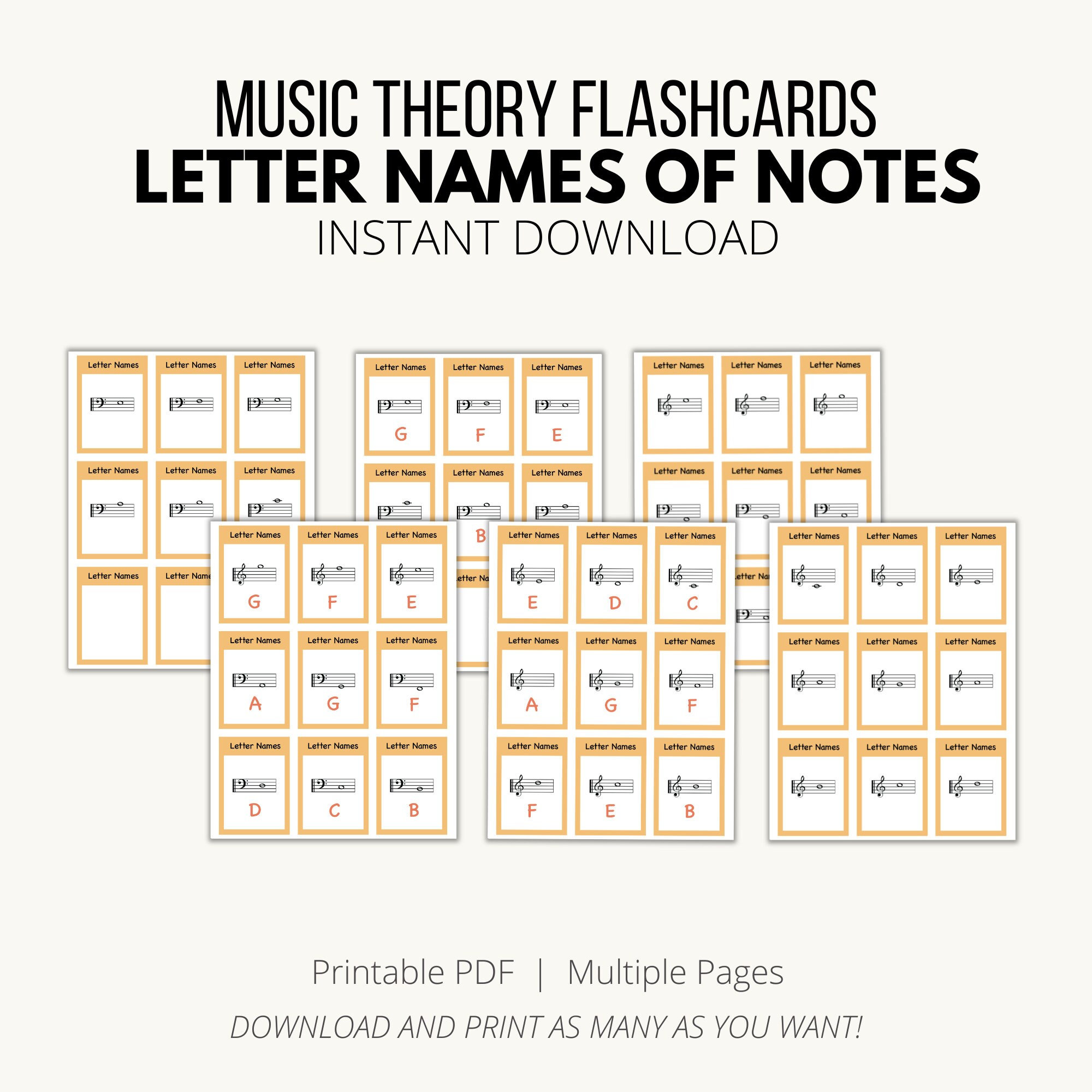 Music Theory Flashcards Printable | Letter Names of Notes Learning ...