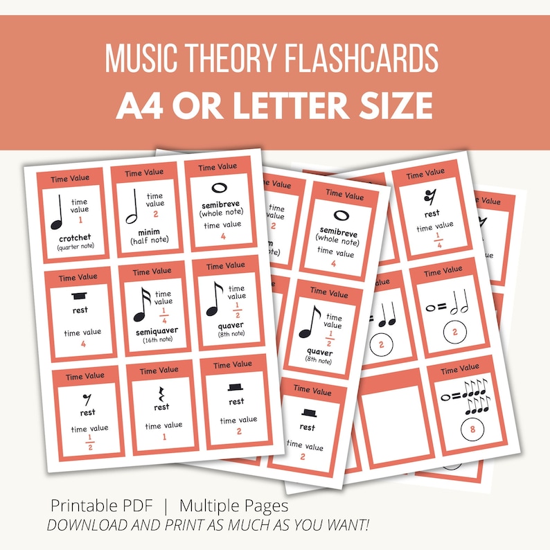 Music Theory Flashcards Printable | Music Time Value and Rests Learning ...