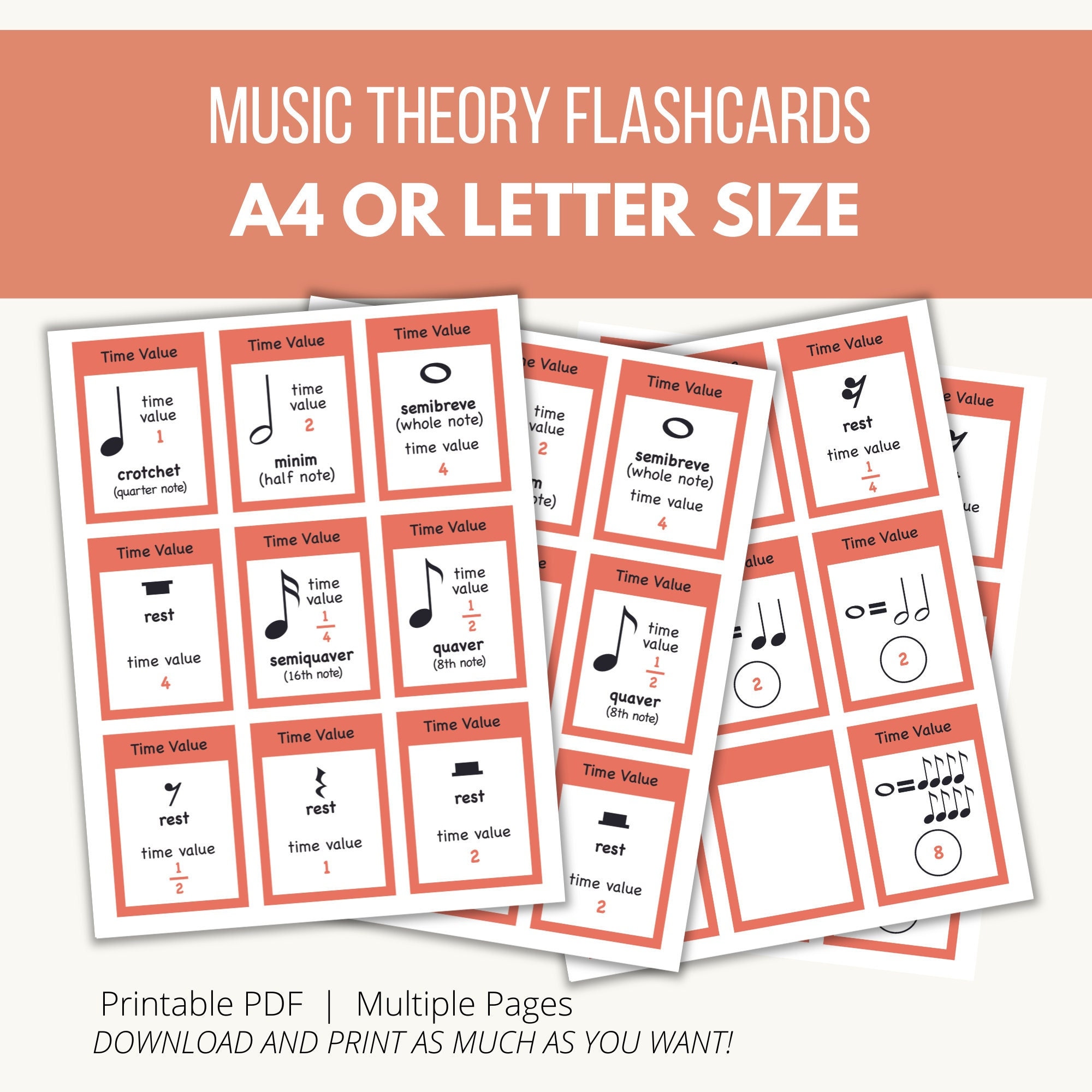 Music Theory Flashcards Printable | Music Time Value and Rests Learning ...