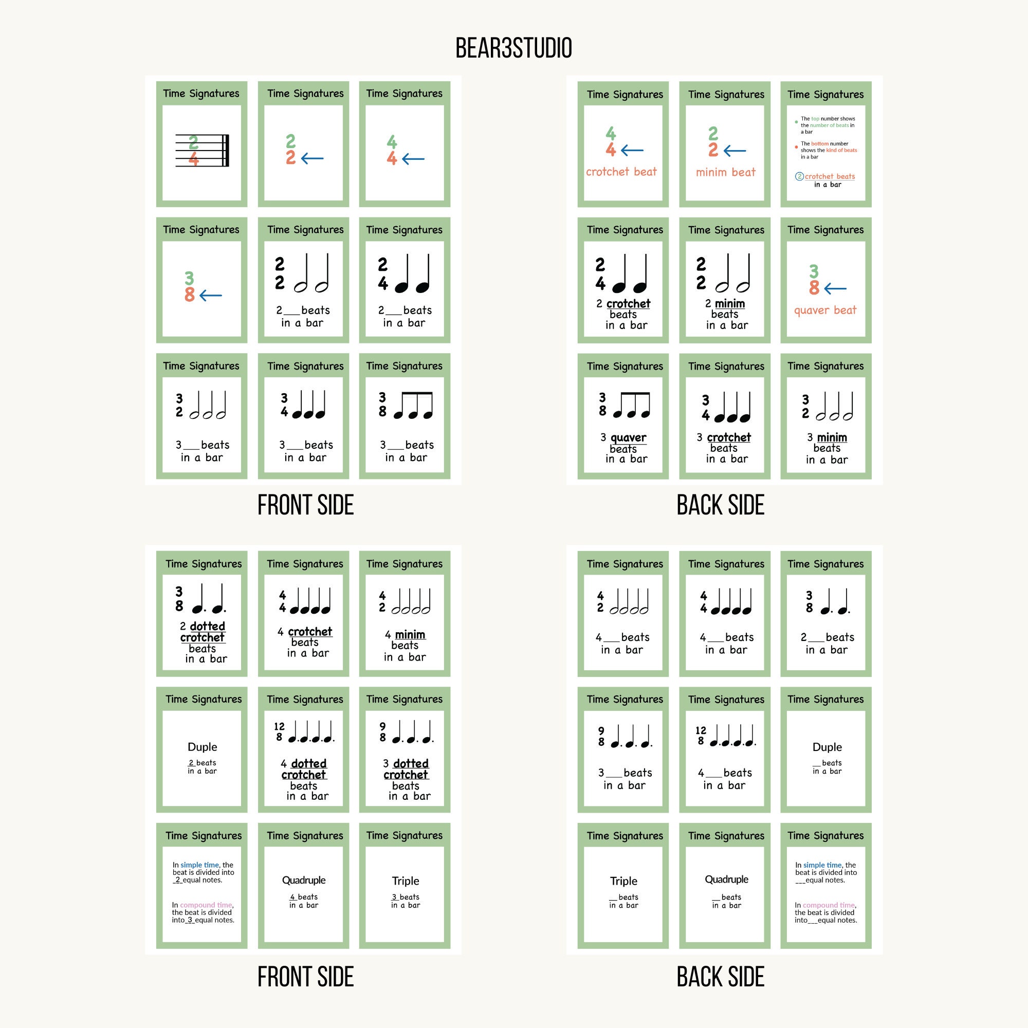Music Theory Flashcards Printable | Music Time Signatures Learning ...