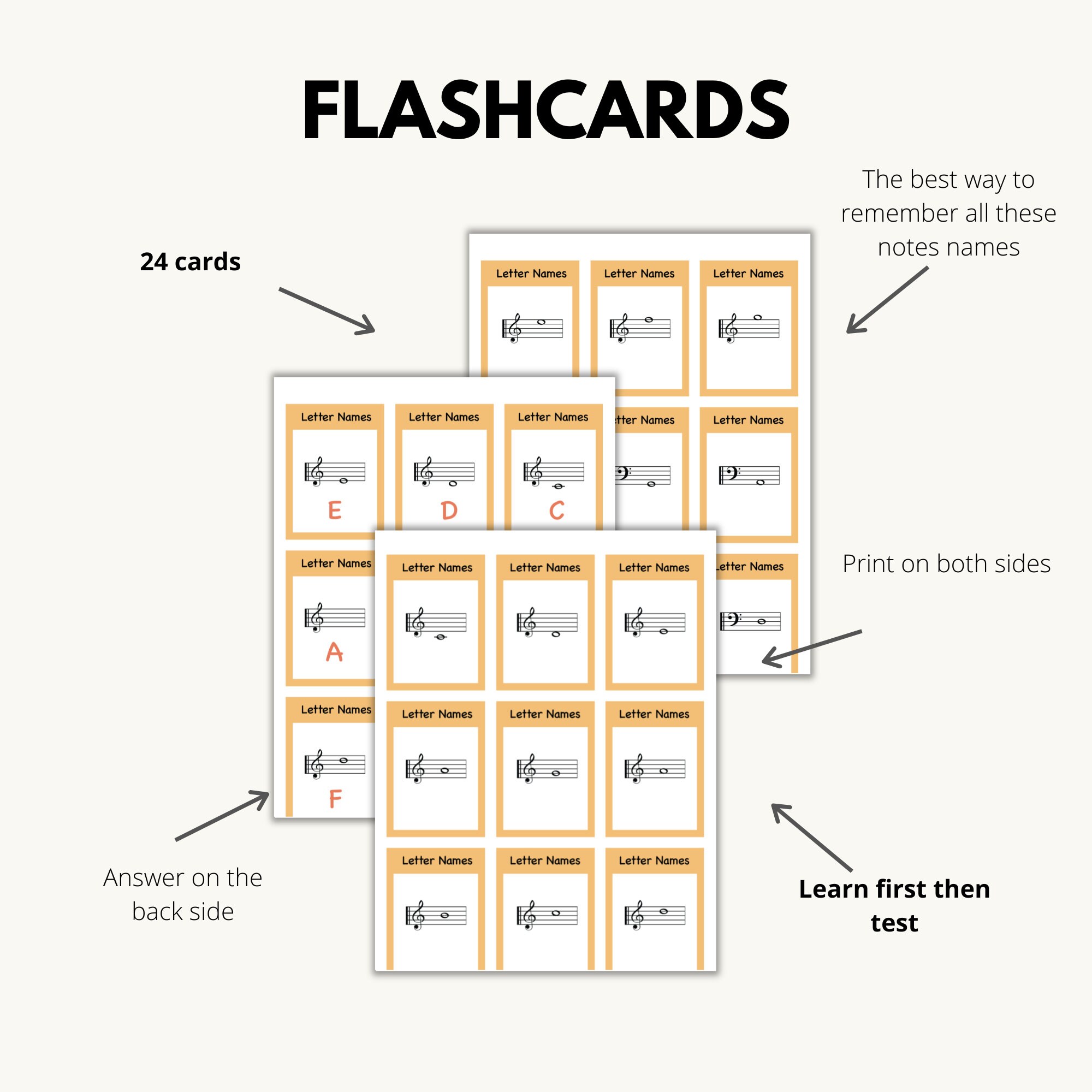 Music Theory Flashcards Printable | Letter Names of Notes Learning ...
