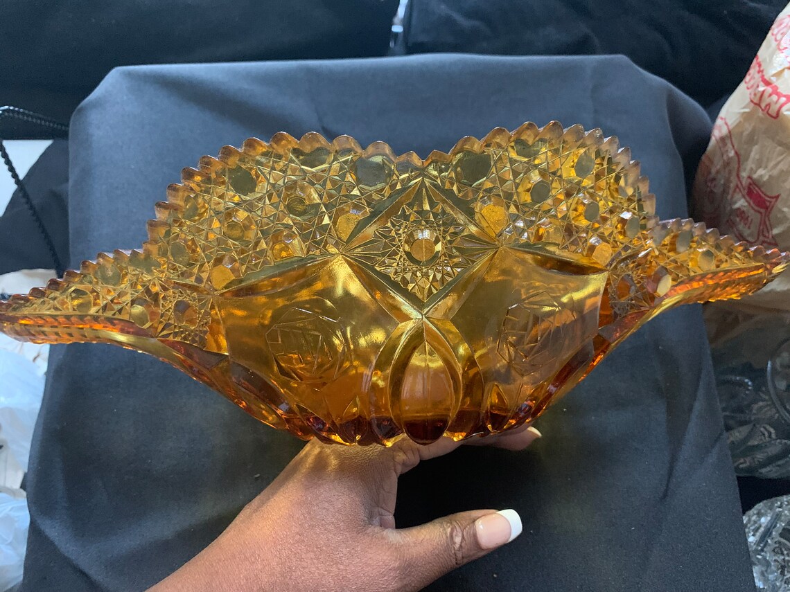 Vintage L E Smith Amber Pressed Glass Bowl Sawtooth Edge Hobstar Arches ...