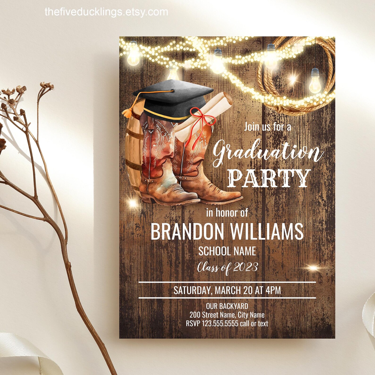 Rustic Western Graduation Party Invitation: Wood & Lights (made to ...