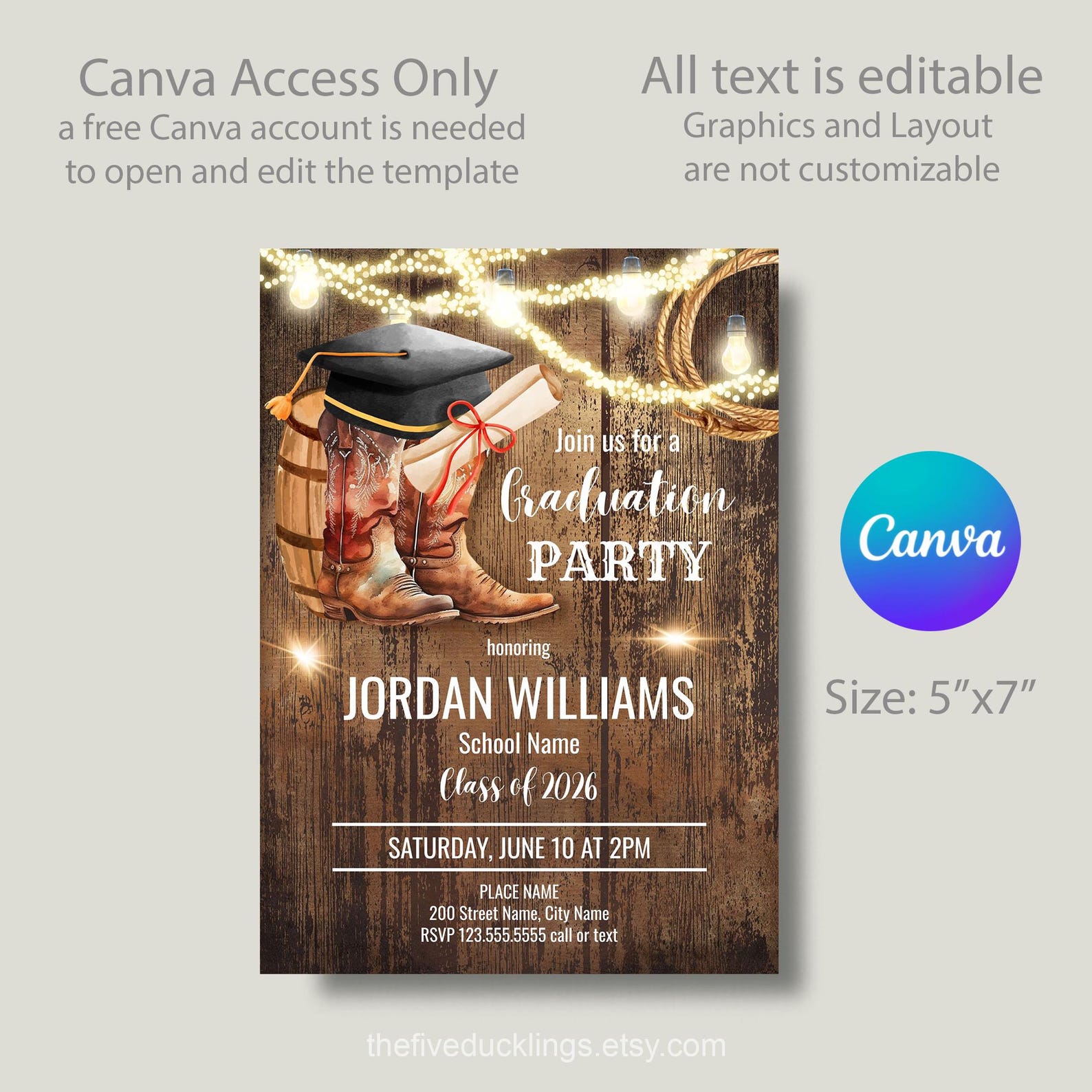 Rustic Western Graduation Party Invitation, Rodeo Cowboy Grad, Editable ...