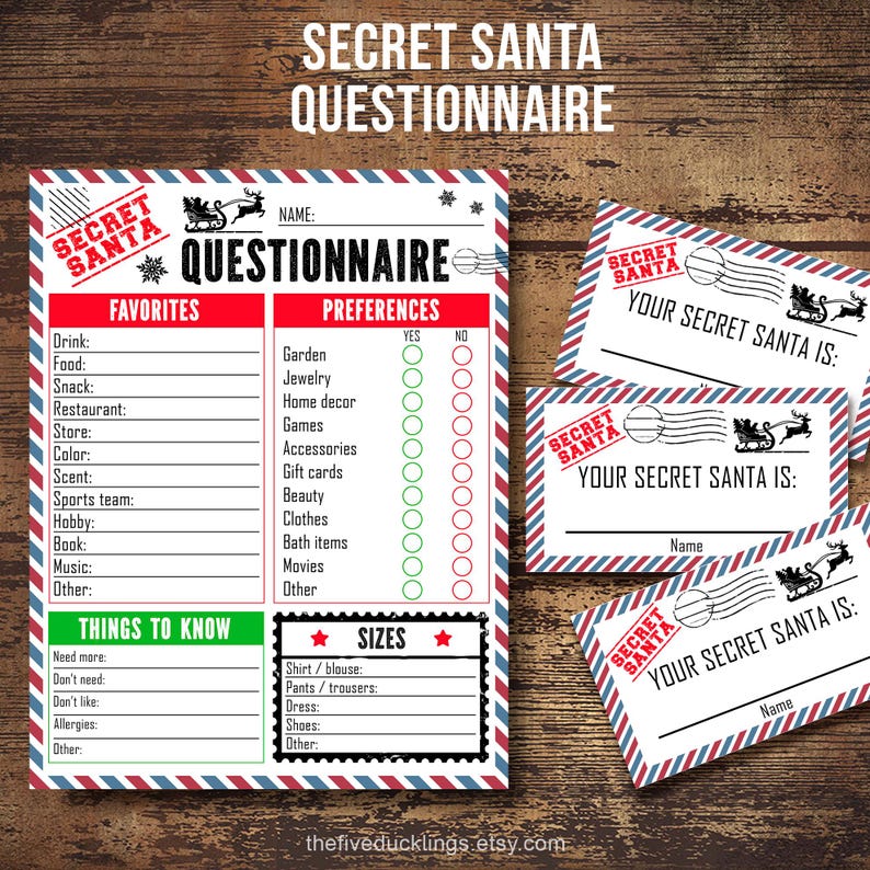 Printable Secret Santa Questionnaire and Name Draw Cards, Digital ...
