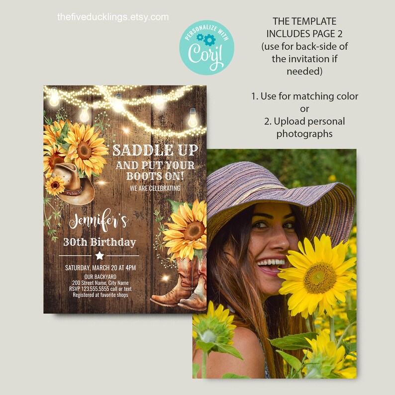 Rustic Sunflowers Birthday Party Invitation, Self-editable Template ...