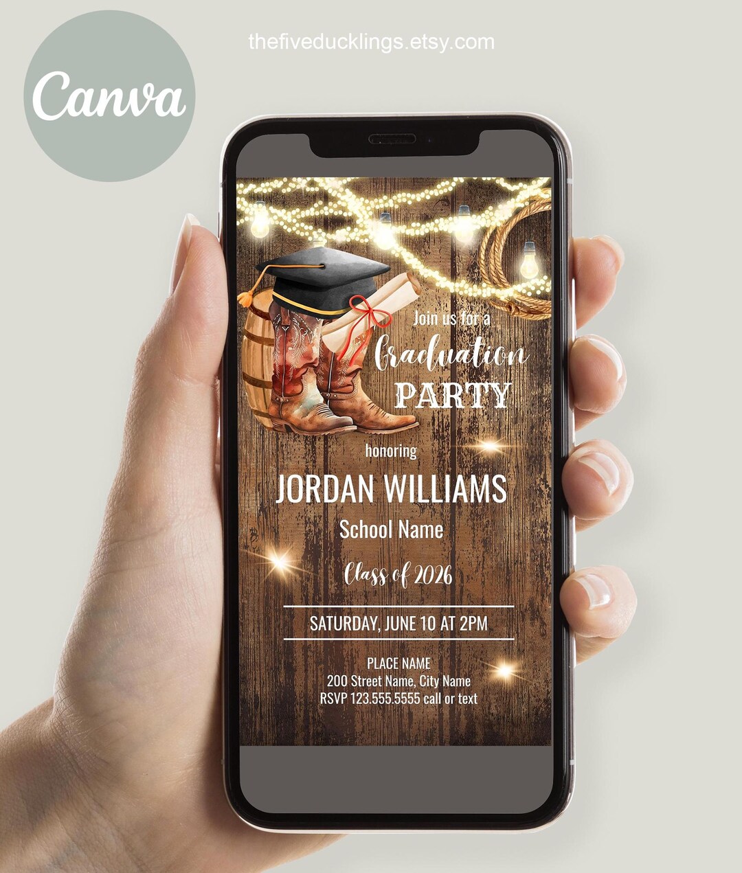 Editable Rodeo Country Graduation Party Invitation, Cowboy Grad, Canva ...