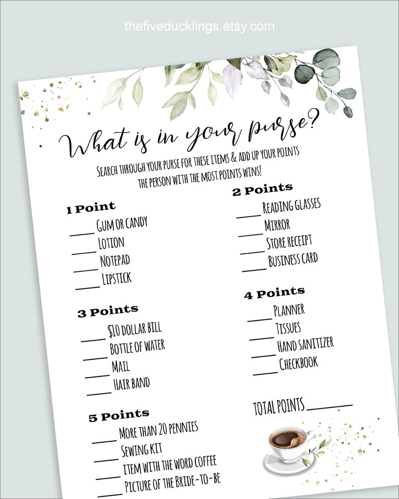 Bridal Shower Game, Printable What is in Your Purse Game, Coffee Themed ...