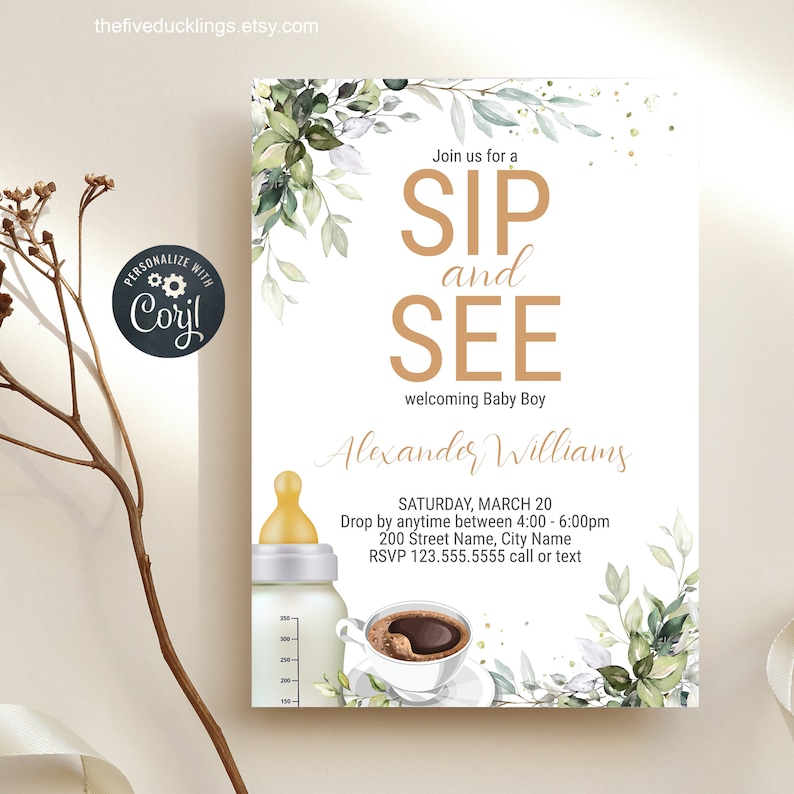 Editable Sip and See Baby Invitation, Self-editable Template, Greenery ...