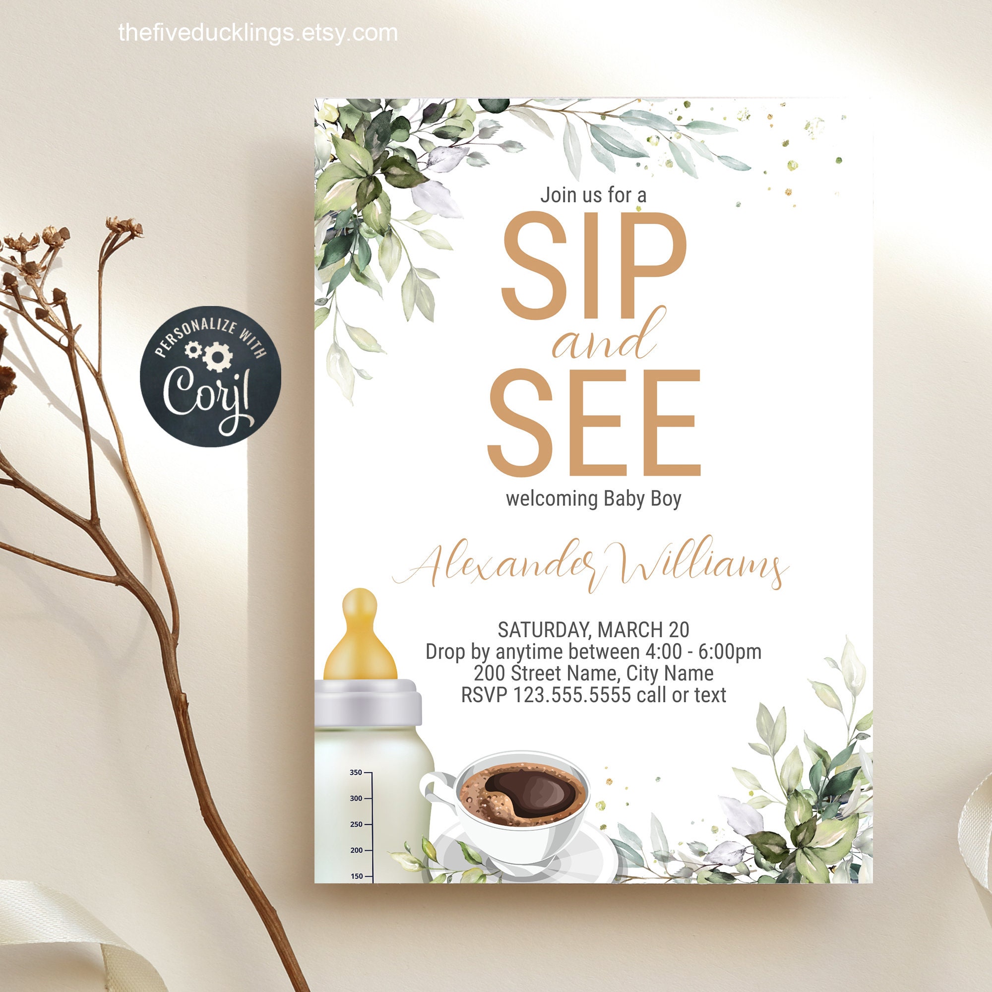 Editable Sip and See Baby Invitation, Self-editable Template, Greenery ...
