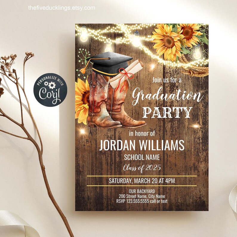 Western Sunflowers Graduation Party Invitation, Self-editable Template ...