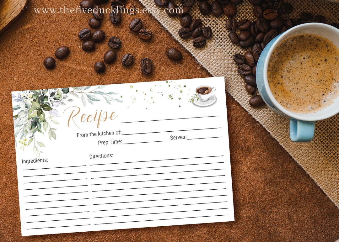 Printable Recipe Cards, Coffee Themed Shower, Size 6"x4", Greenery and ...