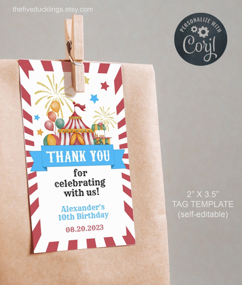 Editable Carnival Gift Tags, Self-editable Carnival Favor Tag Template ...