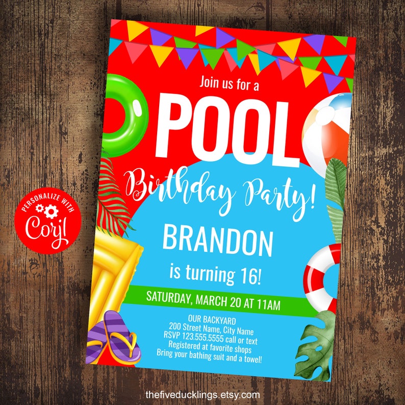 Pool Birthday Party Invitation, Self-editable Template, Summer Themed ...