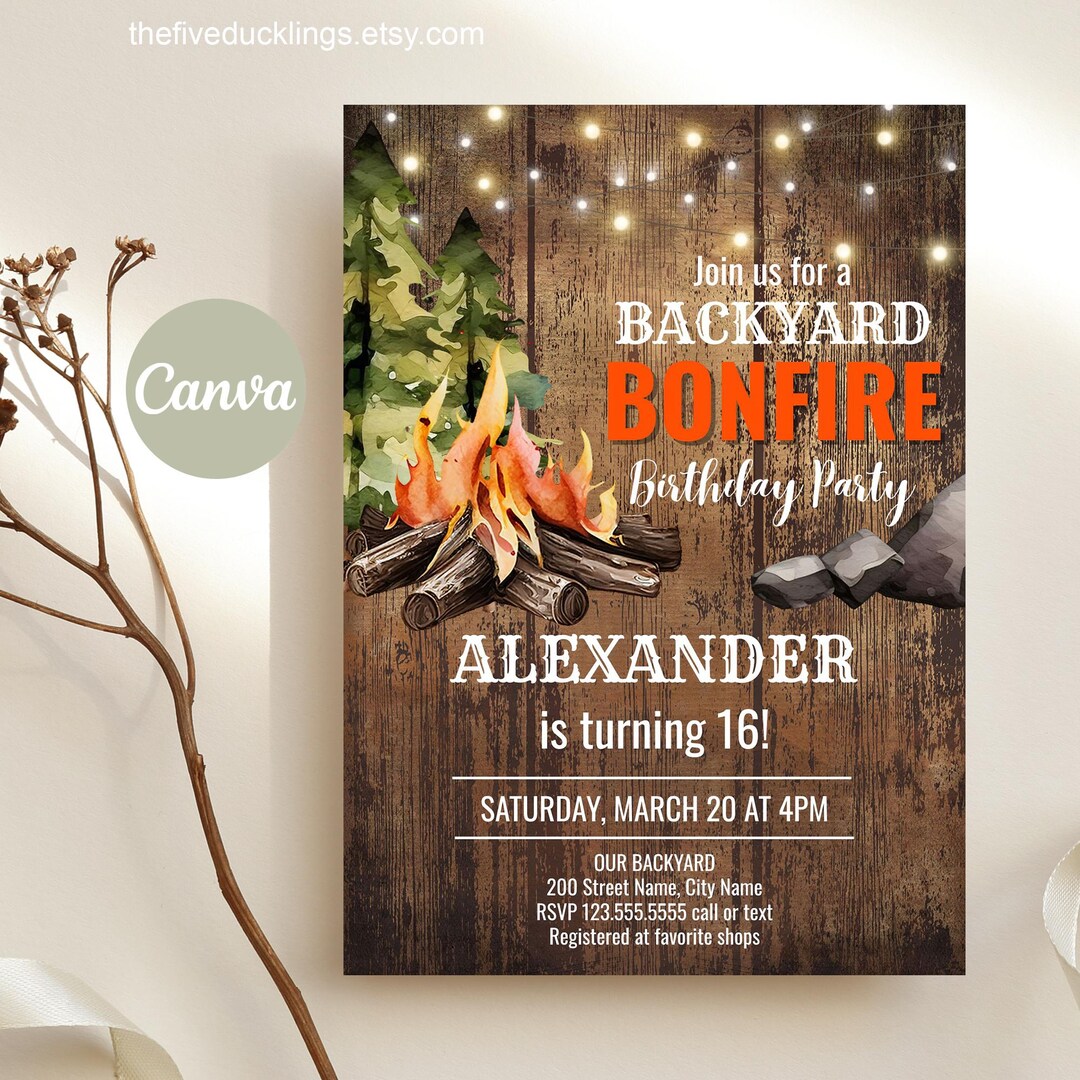 Rustic Bonfire Birthday Party Invitation, Editable Canva Template, A130 ...