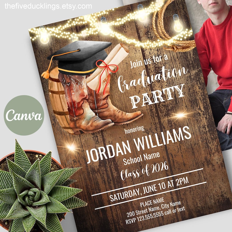 Rustic Western Graduation Party Invitation, Rodeo Cowboy Grad, Editable ...