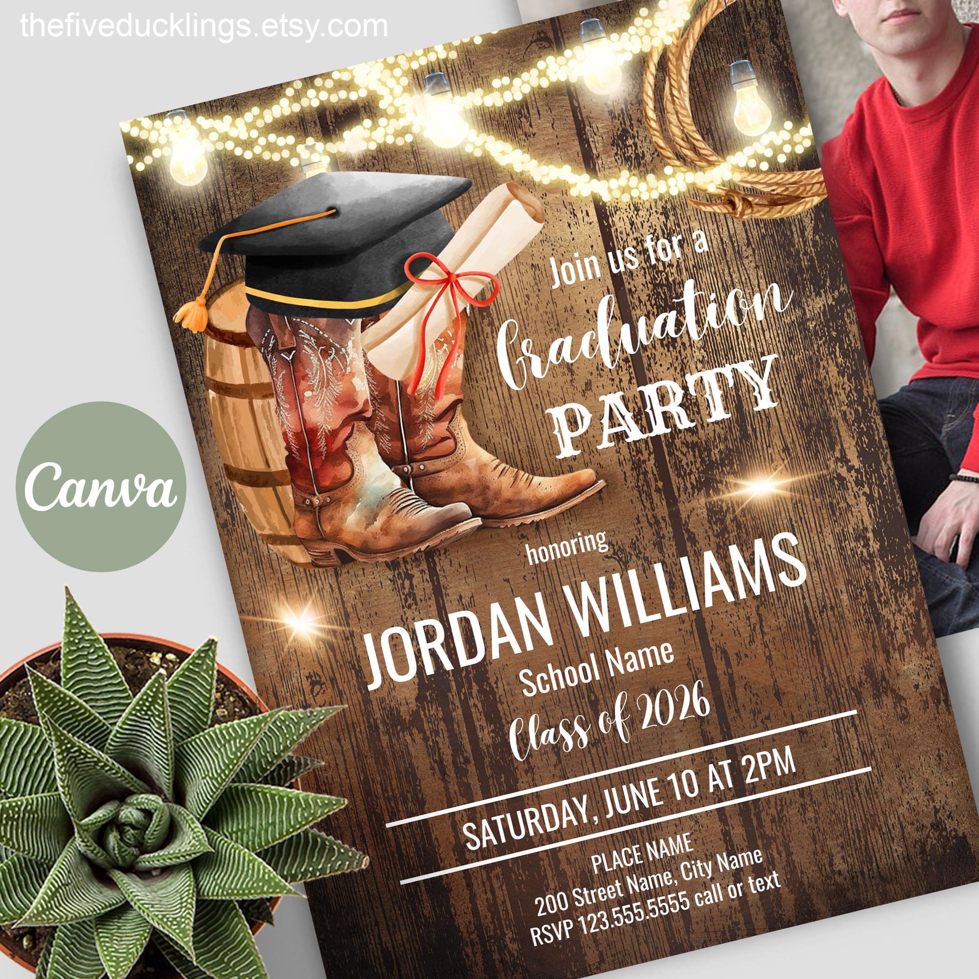 Rustic Western Graduation Party Invitation, Rodeo Cowboy Grad, Editable ...