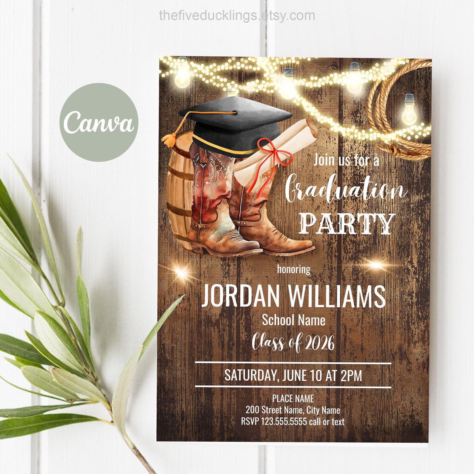 Rustic Western Graduation Party Invitation, Rodeo Cowboy Grad, Editable ...