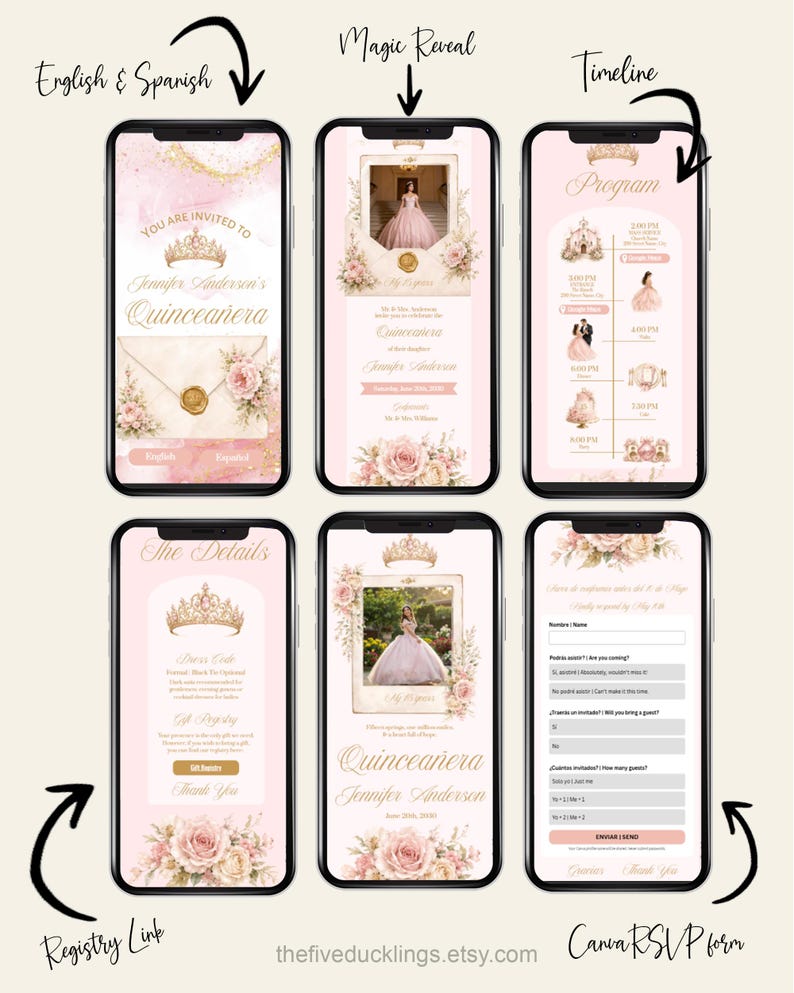 Quinceañera Invitation Template Editable in Canva Bilingual English ...