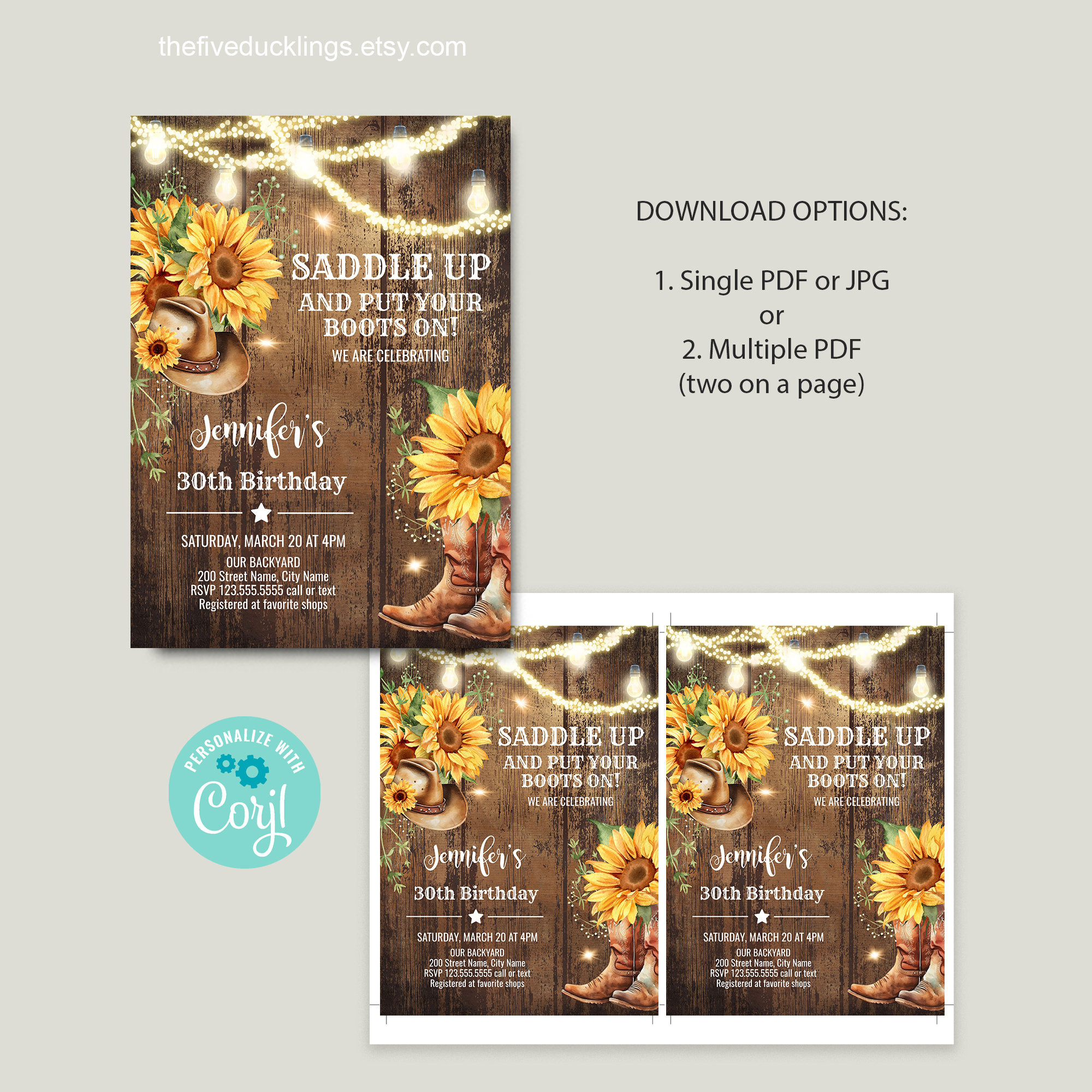 Rustic Sunflowers Birthday Party Invitation, Self-editable Template ...