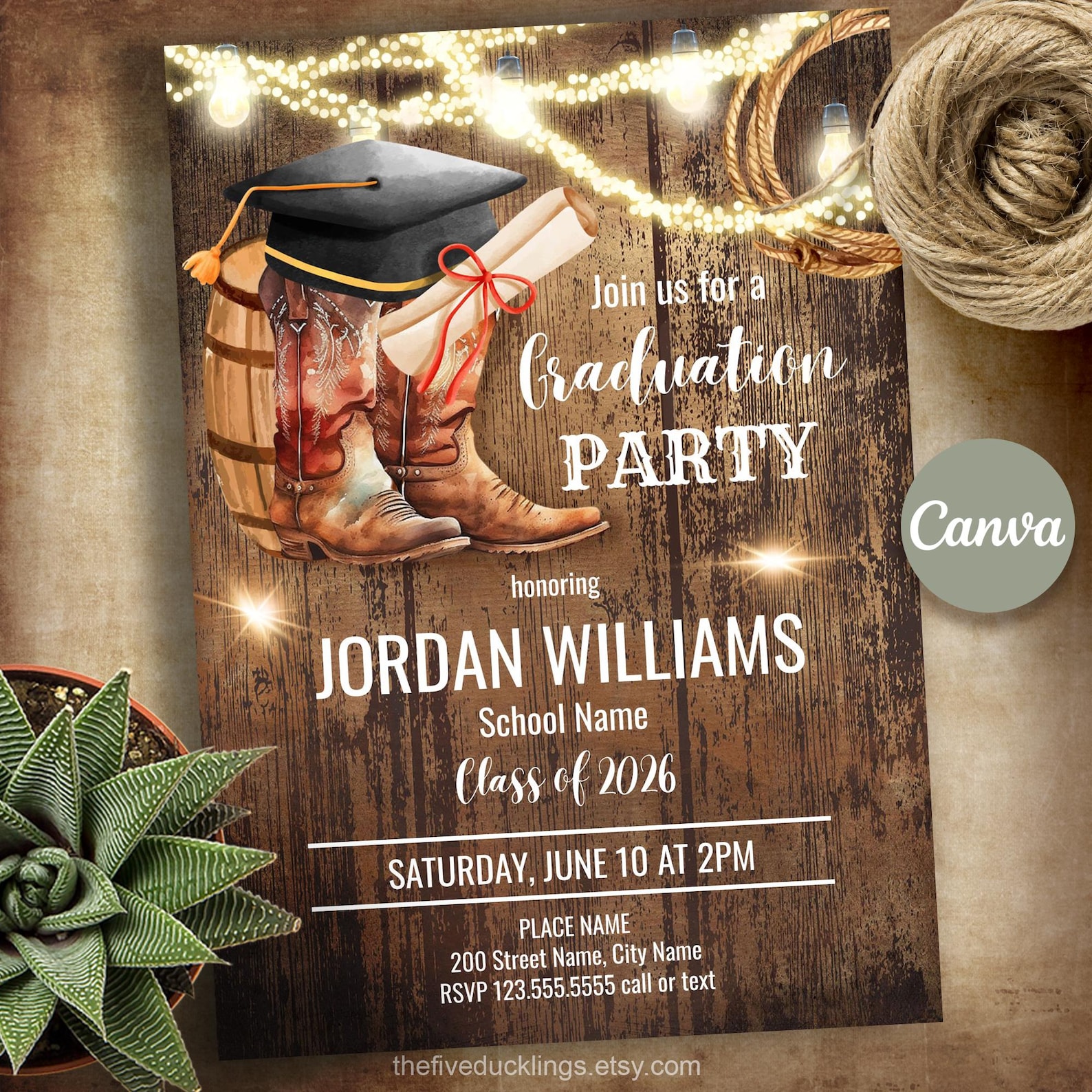 Rustic Western Graduation Party Invitation, Rodeo Cowboy Grad, Editable ...