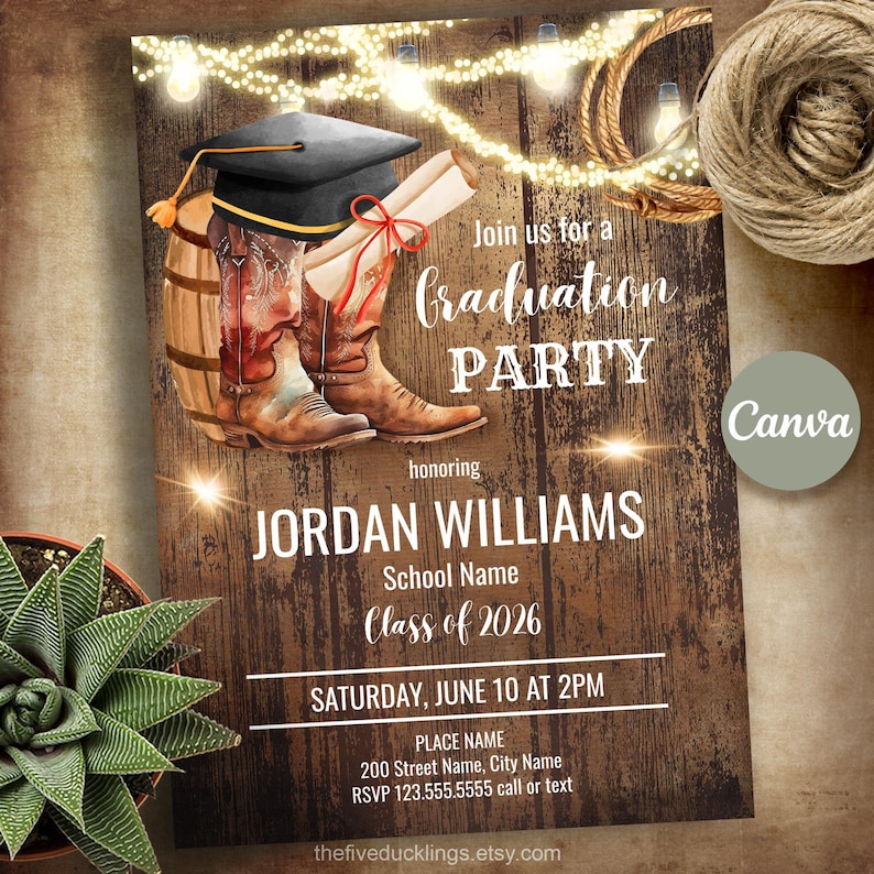 Rustic Western Graduation Party Invitation, Rodeo Cowboy Grad, Editable ...
