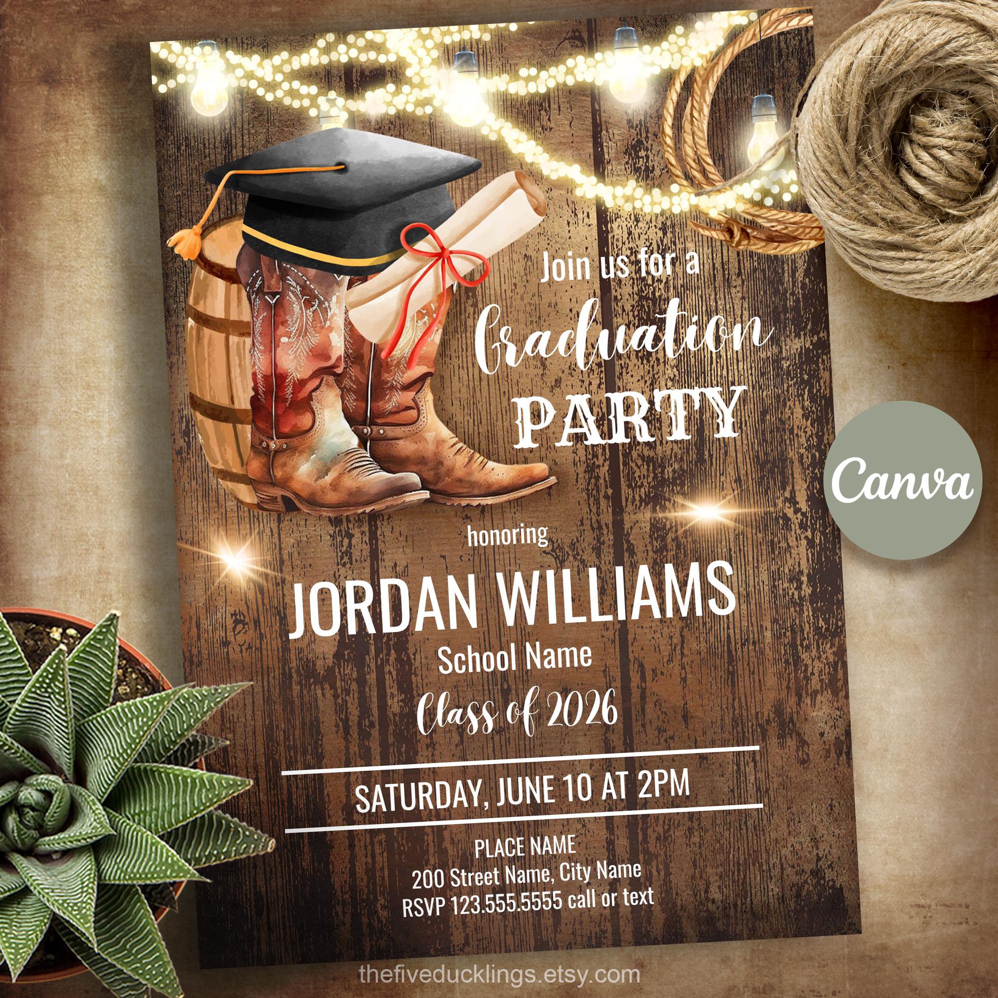 Rustic Western Graduation Party Invitation, Rodeo Cowboy Grad, Editable ...