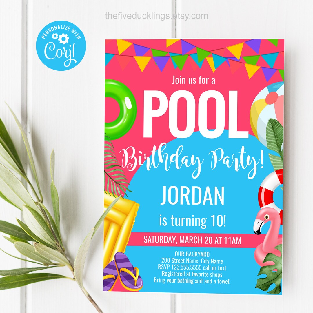 Pink Pool Birthday Party Invitation, Self-editable Template, Summer ...