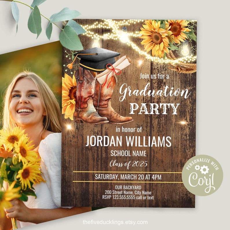 Western Sunflowers Graduation Party Invitation, Self-editable Template ...