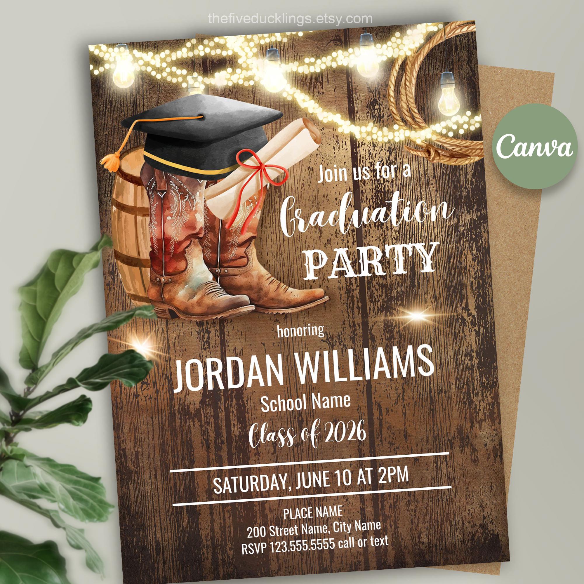 Rustic Western Graduation Party Invitation, Rodeo Cowboy Grad, Editable ...