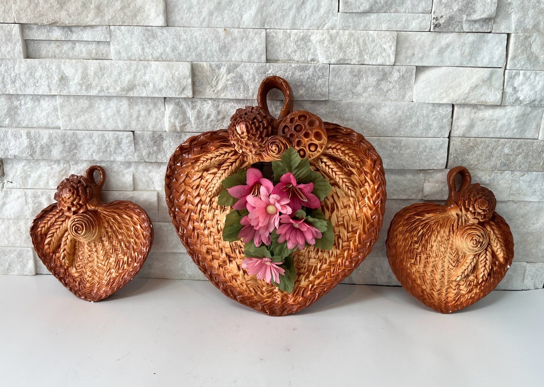 RARE Set of 3 Vintage Miller Studio Chalkware Boho Faux Rattan Wicker ...