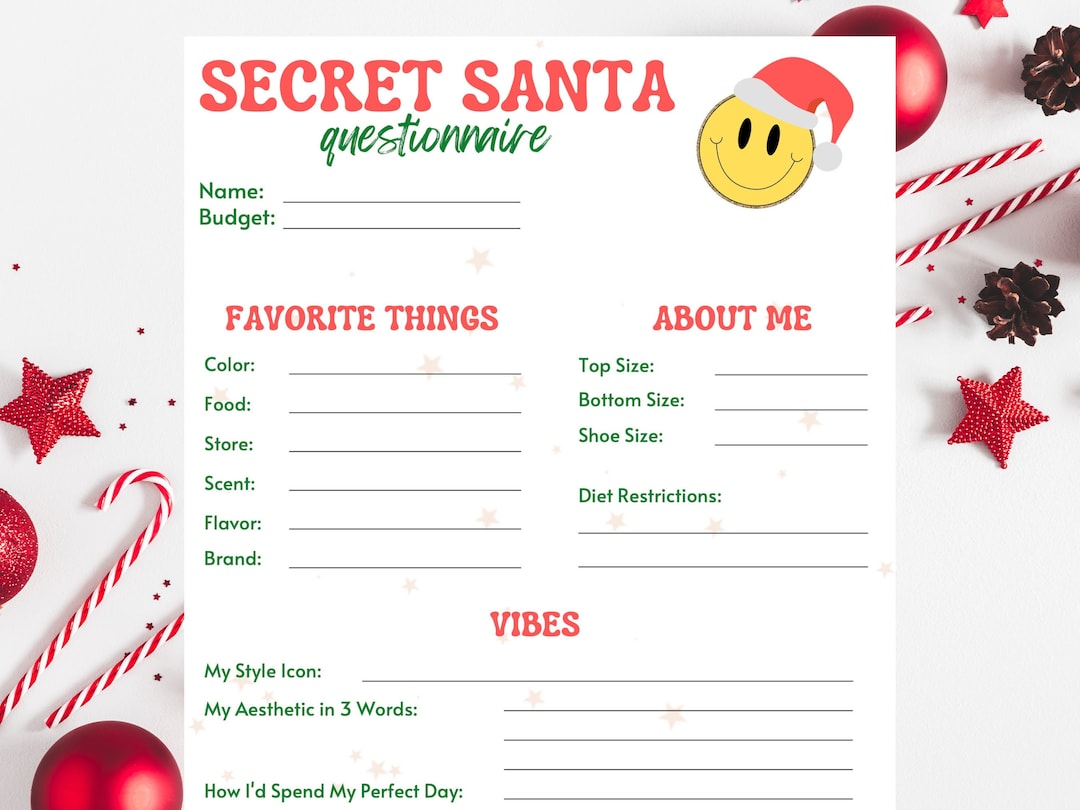 SECRET SANTA QUESTIONNAIRE Template - Digital Download Print Teens ...
