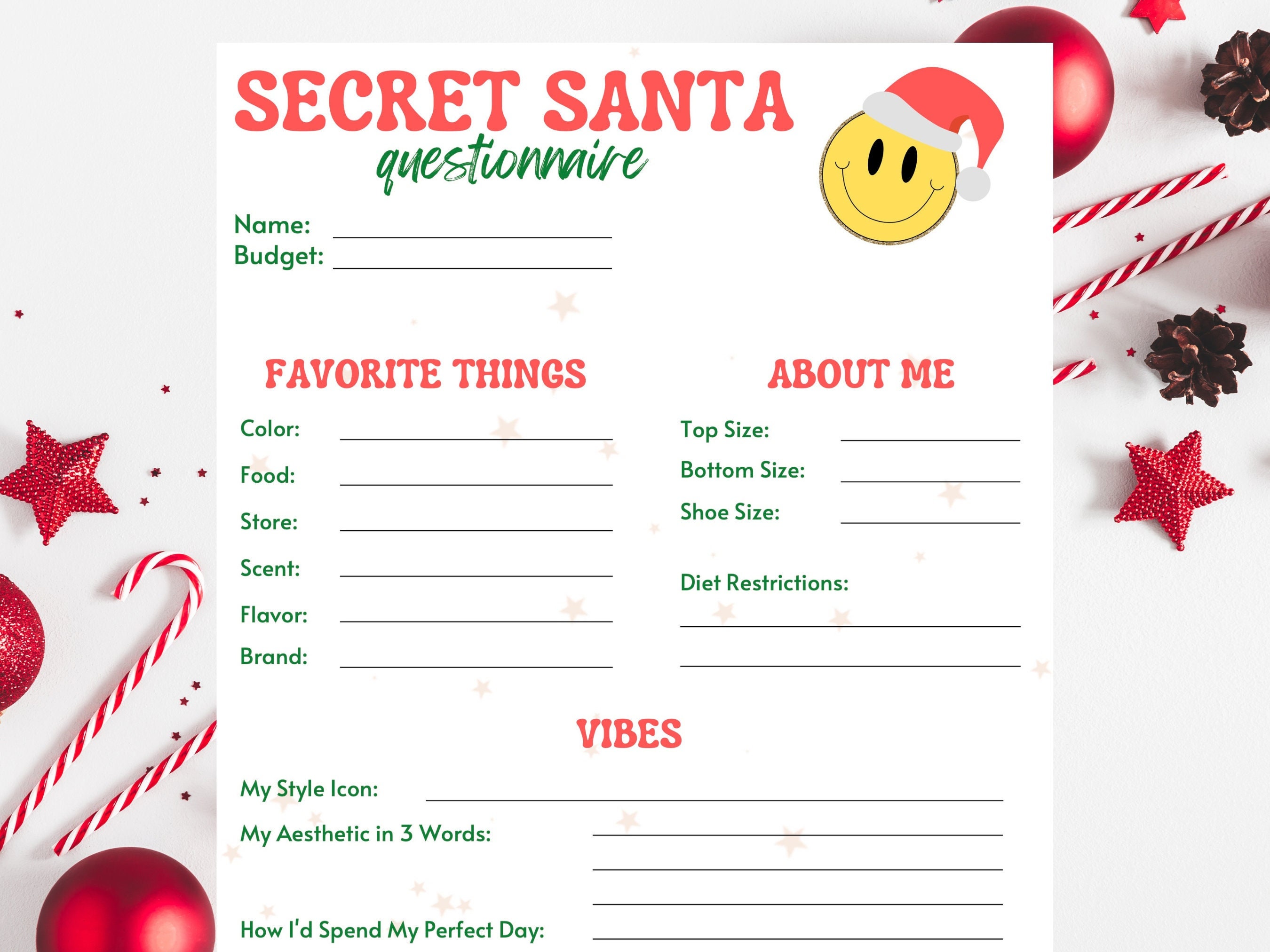 SECRET SANTA QUESTIONNAIRE Template - Digital Download Print Teens ...