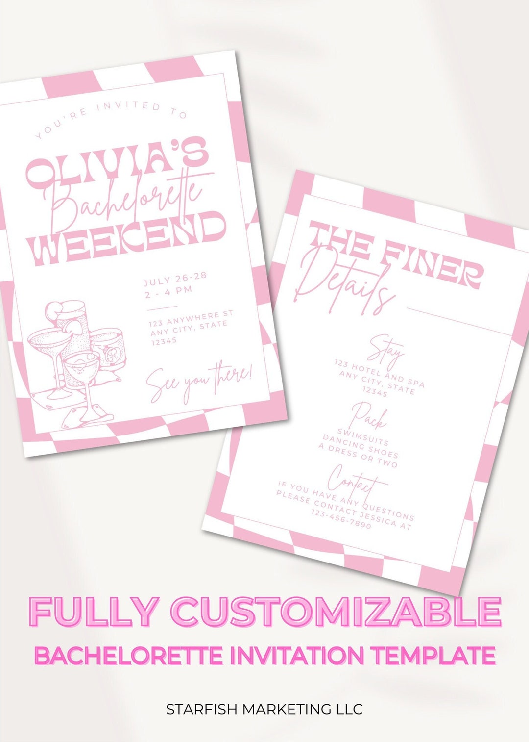 Pink Checkers Modern Bachelorette Weekend Party Invitation Template ...