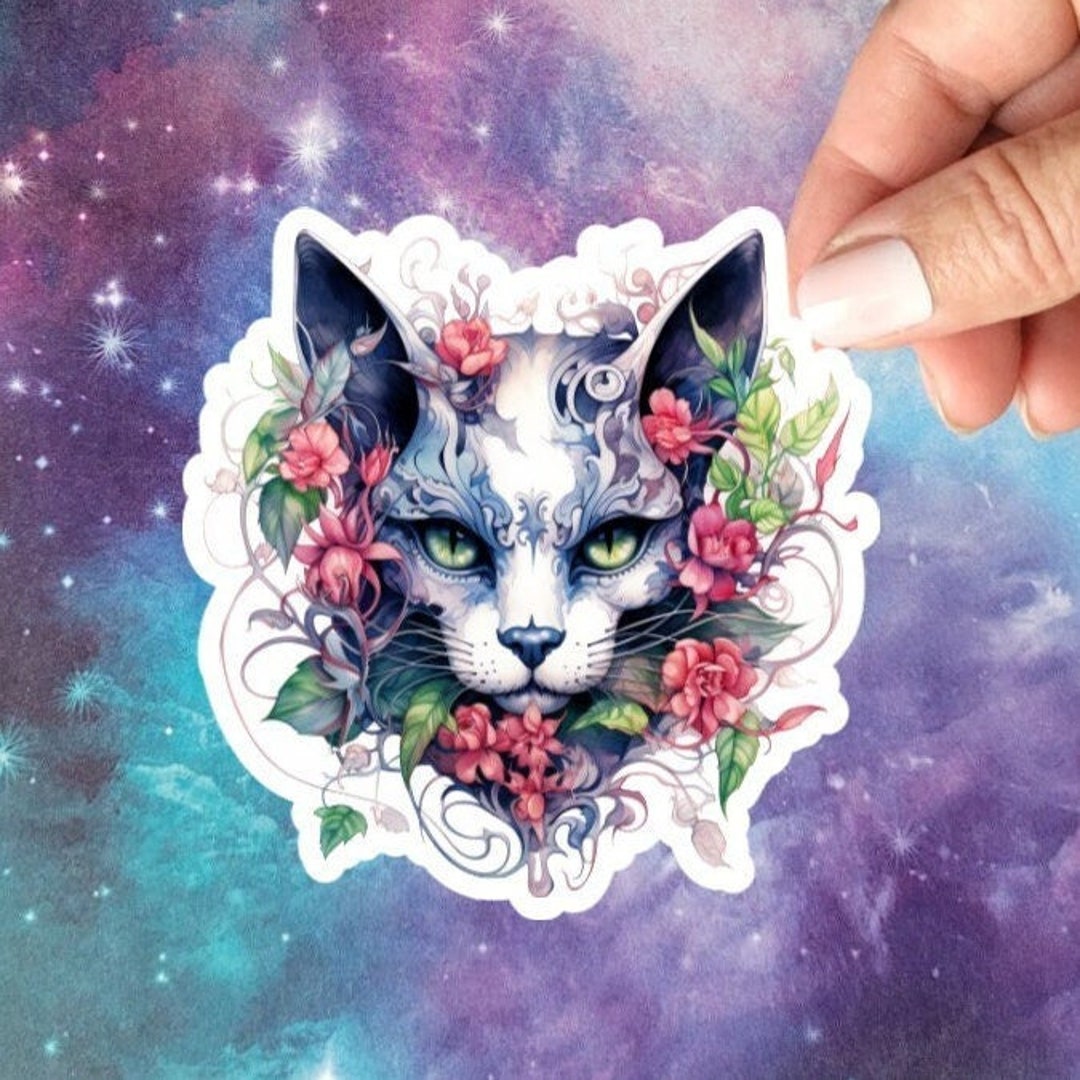 Cat Gothic Sticker. Floral Mystical Cat Sticker. Vinyl Cat Sticker Art ...