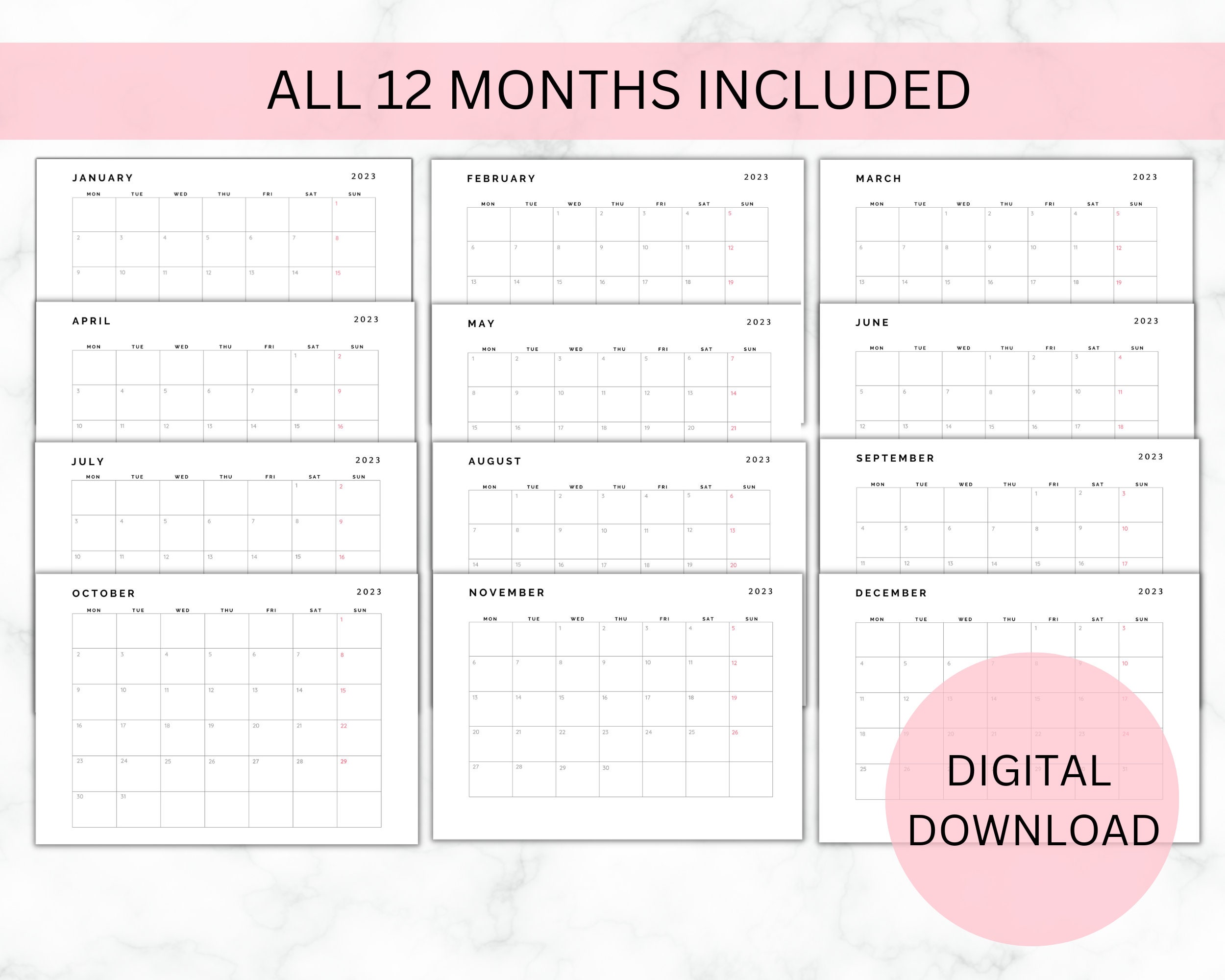 Printable Calendar 2023 Monthly Planner 2023 A4 A3 Landscape Monday ...