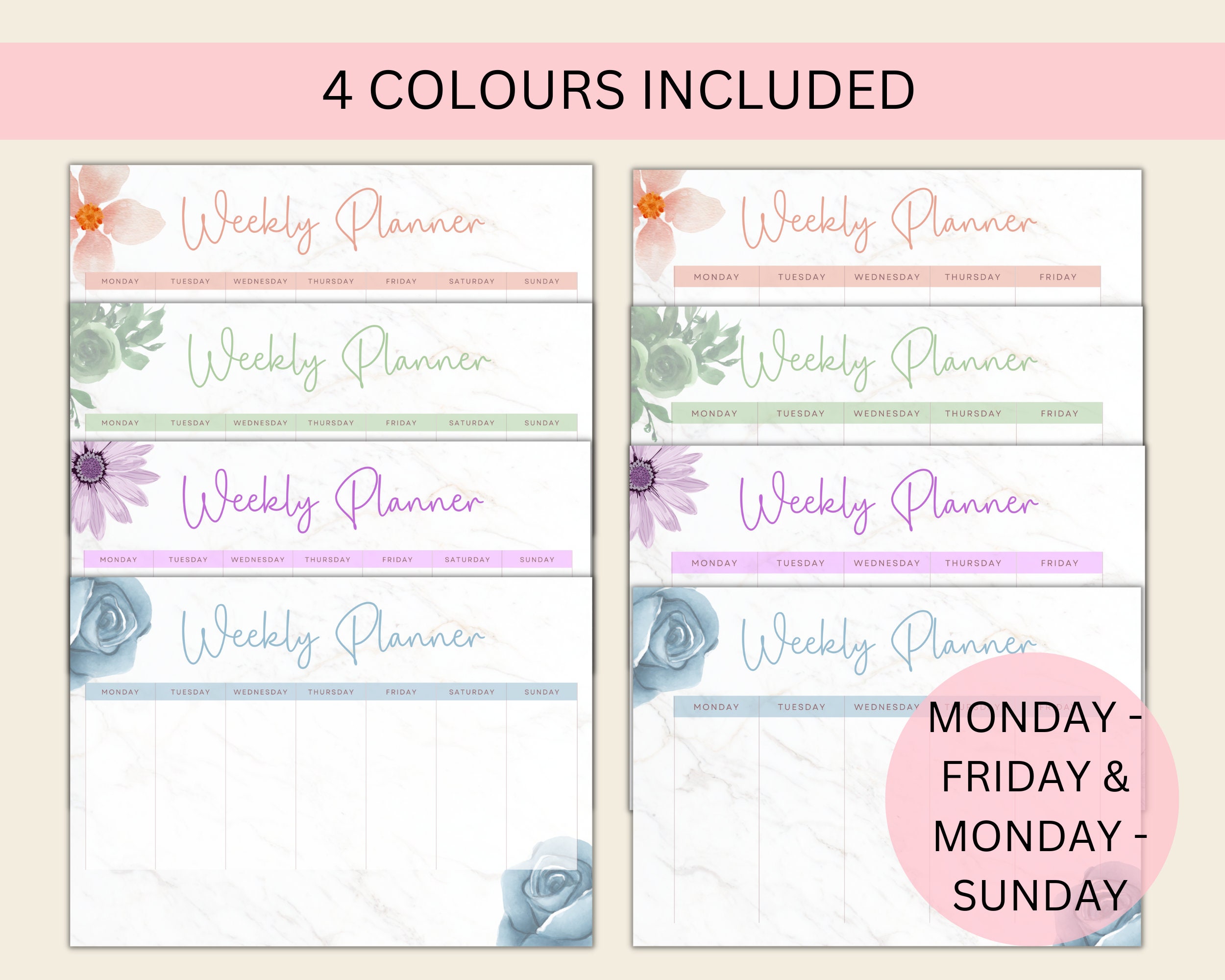 Weekly Planner Printable Landscape, Floral Weekly Schedule, Week at a ...