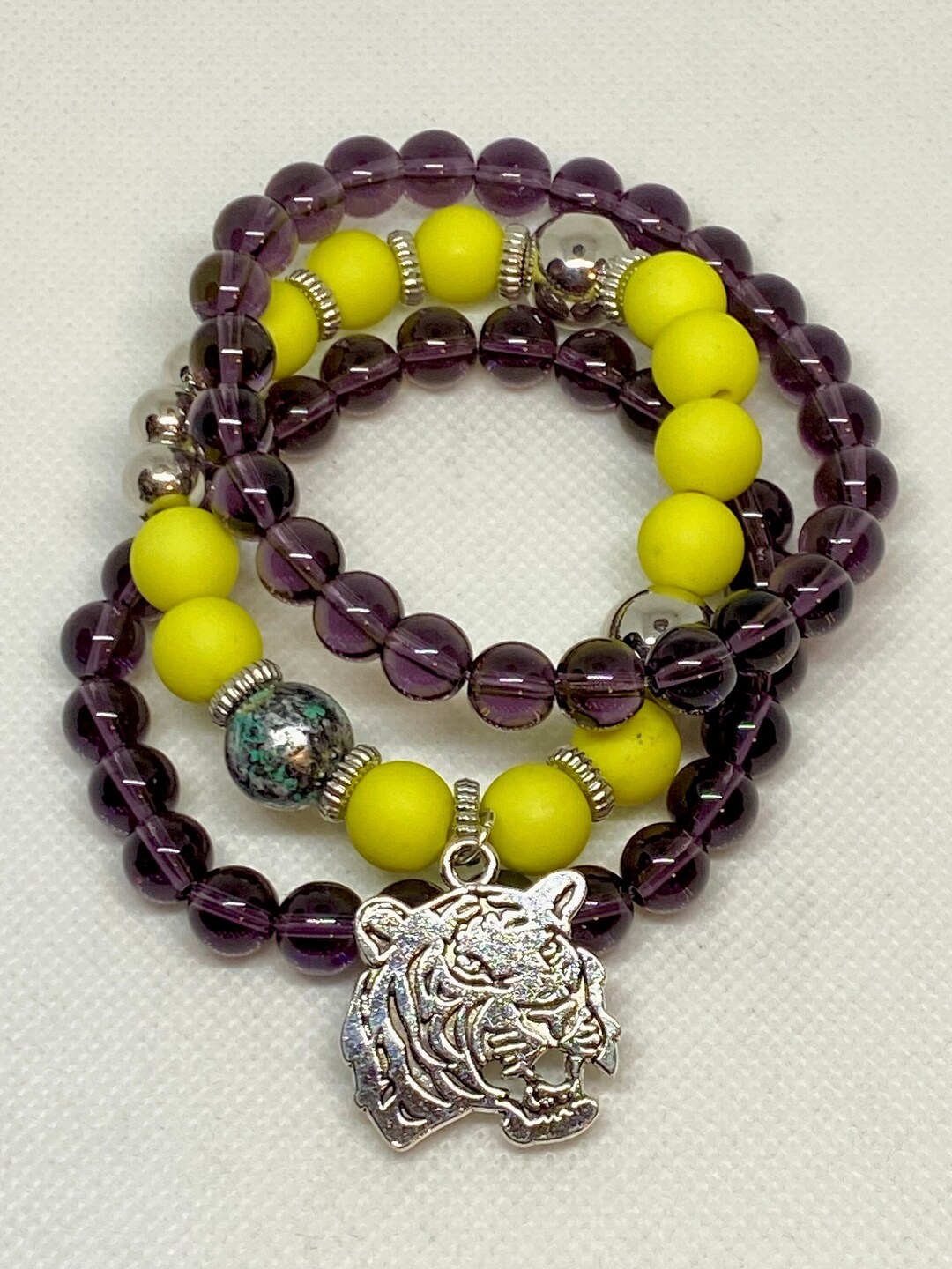 LSU Tigers Inspired Stacked 3 Layer Silver Charm Beaded Bracelet ...