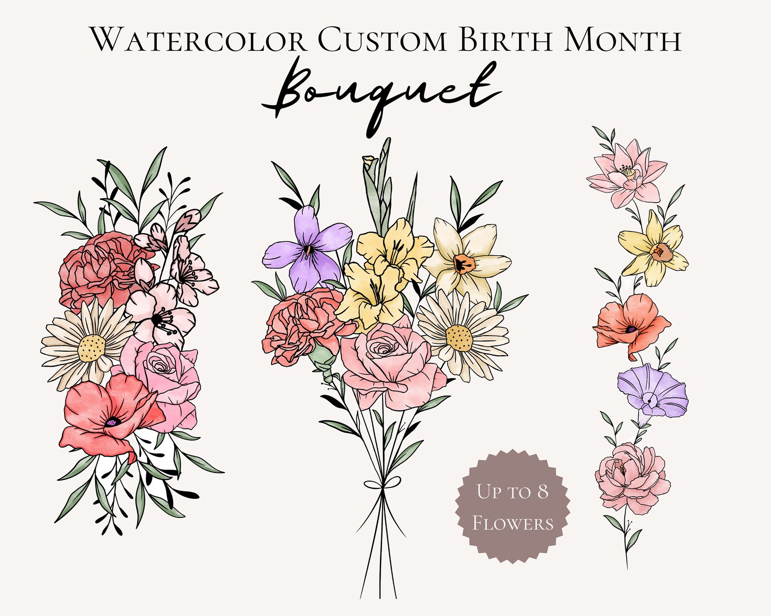 Family Flower Bouquet Custom Color Birth Flower Bouquet Tattoo Design ...