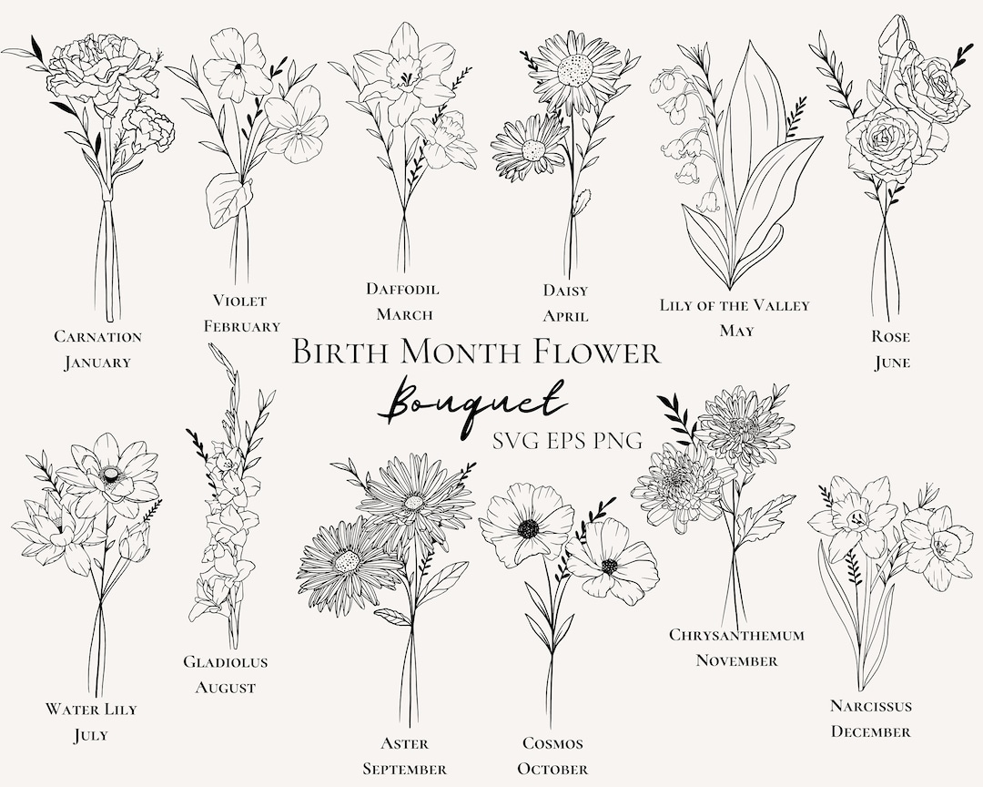 Birth Month Flower Bouquet Drawing: Floral Birthday Gift (digital ...