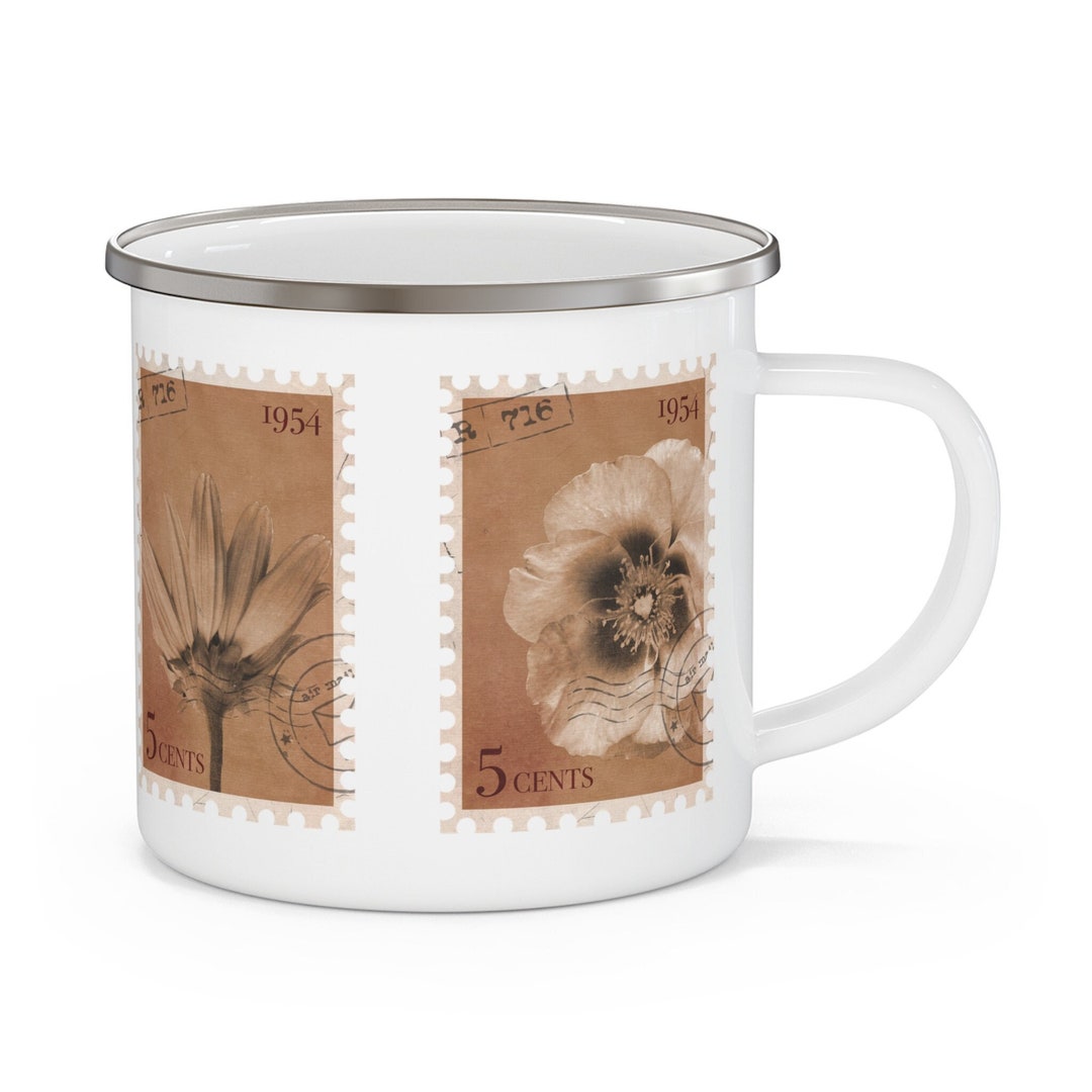 Vintage Floral Stamps Enamel Camping Mug, 1954 Retro Flowers Camping ...