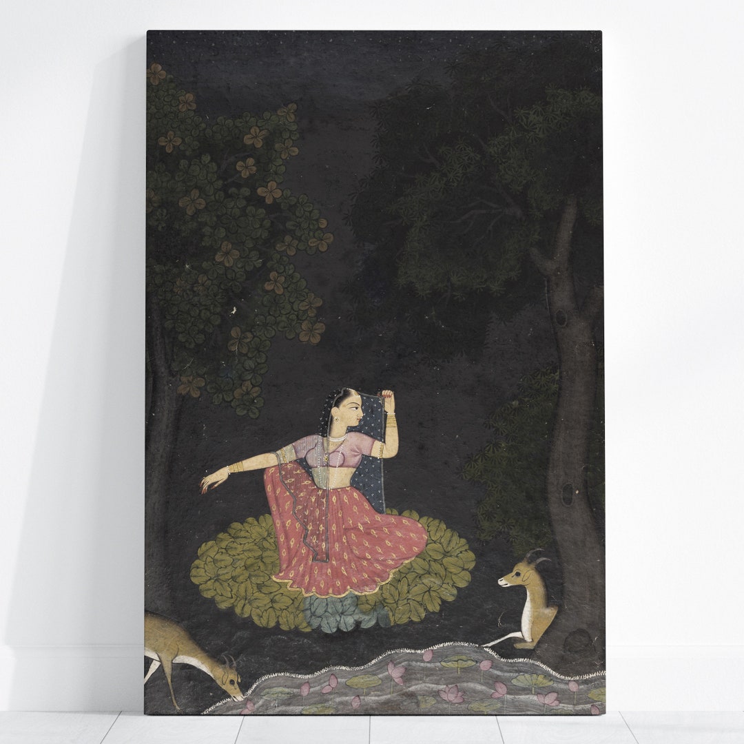 Classical Indian Miniature Painting, Princess in the Jungle With Deer ...