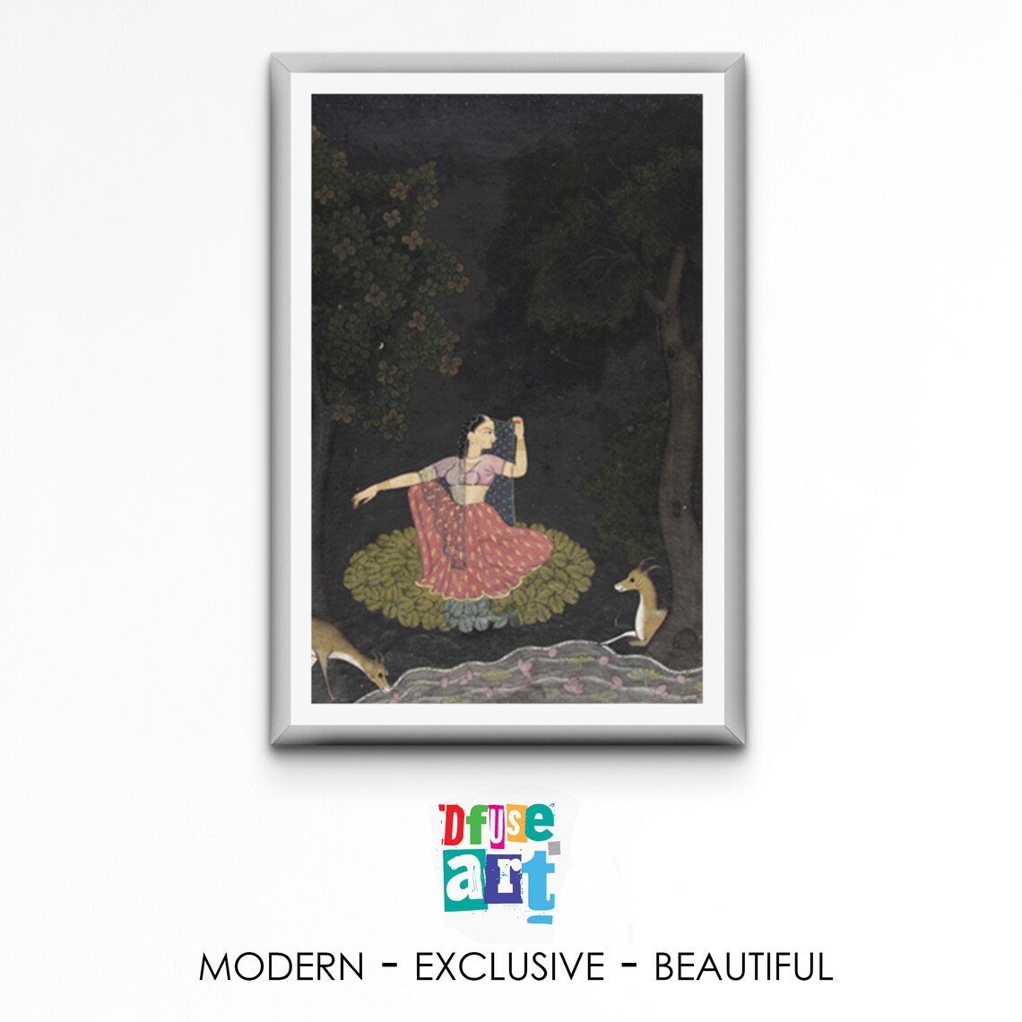 Classical Indian Miniature Painting, Princess in the Jungle With Deer ...