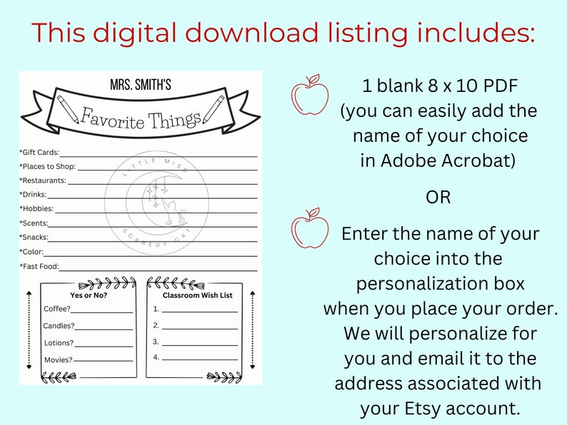 Personalized Teacher's Favorite Things List, Teacher Appreciation Ideas ...